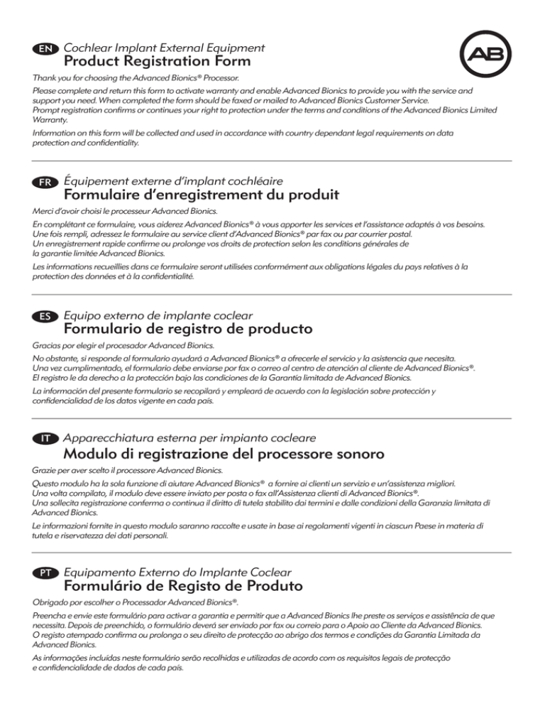 Product Registration Form Formulário de