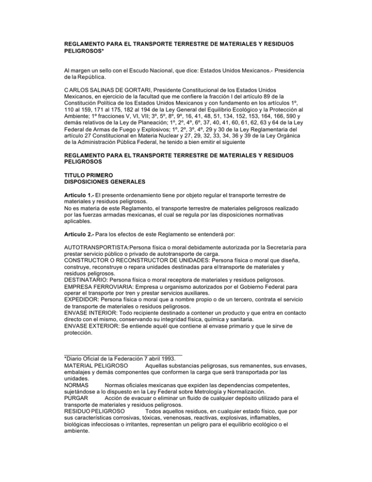 reglamento para el transporte terrestre de materiales y residuos