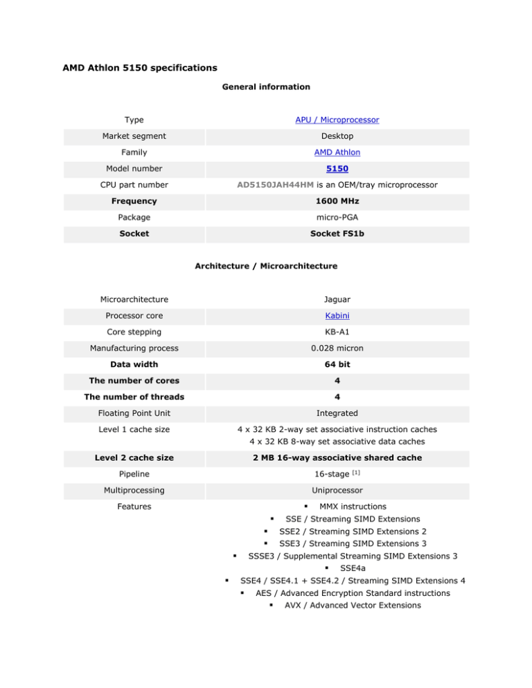 AMD Athlon 5150 Specifications AMD Athlon 5150 Specifications
