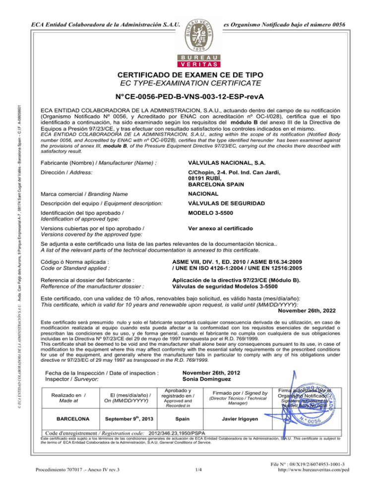 CERTIFICADO DE EXAMEN CE DE TIPO EC TYPE