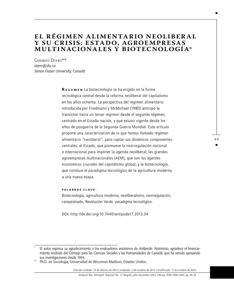 EL RégiMEn ALiMEnTARiO nEOLiBERAL y Su cRiSiS: ESTADO