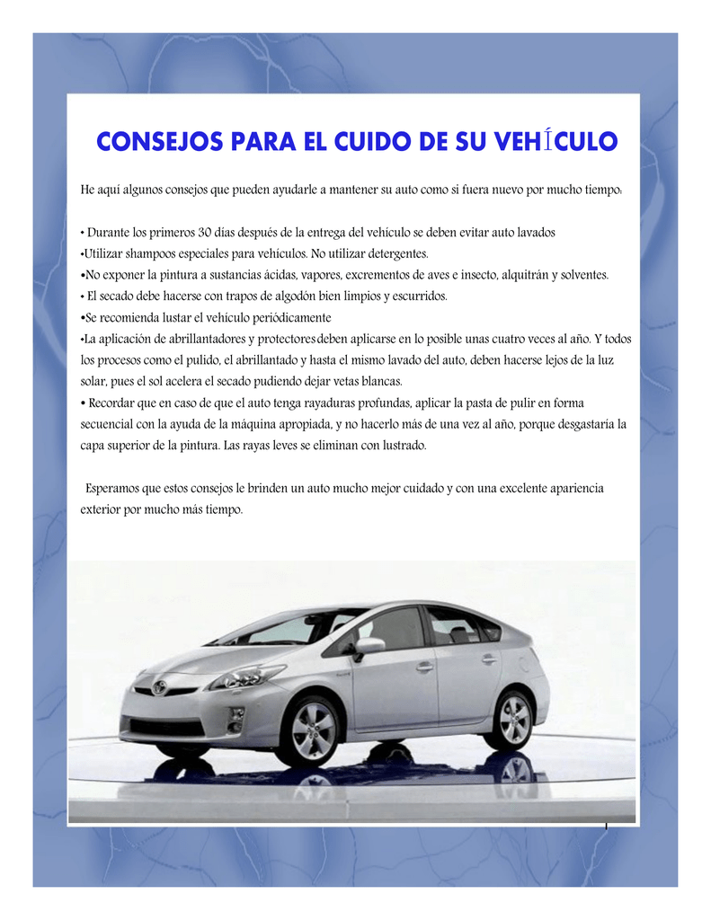 CONSEJOS PARA EL CUIDO DE SU VEH CULO Í