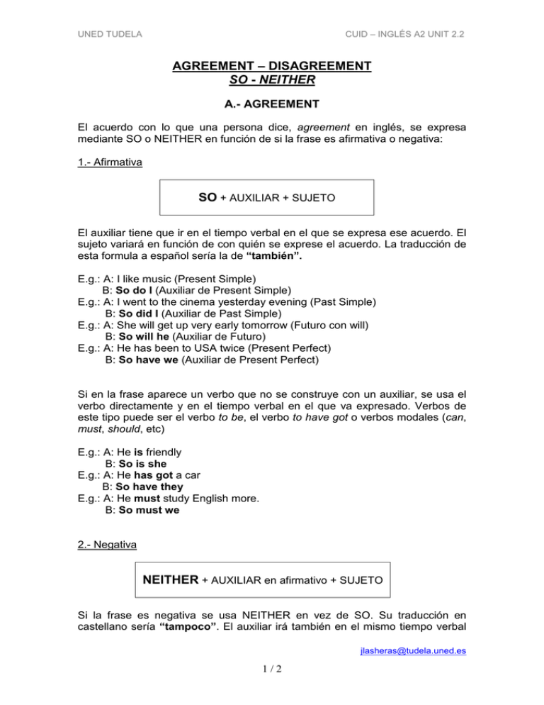 AGREEMENT – DISAGREEMENT SO