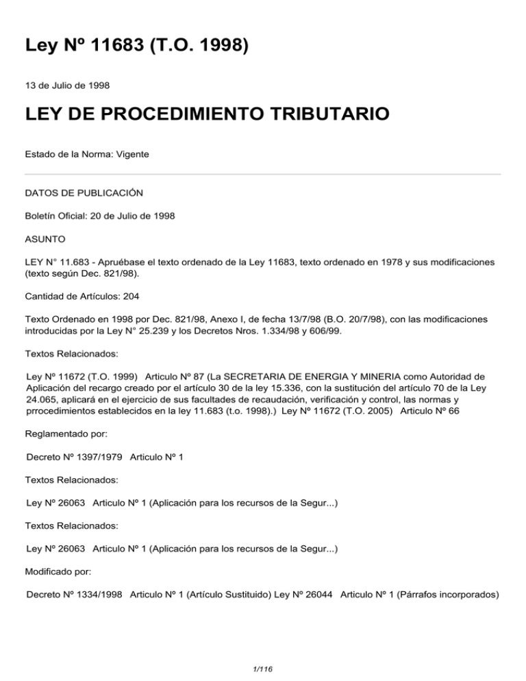 Ley Nº 11683 (TO 1998) LEY DE PROCEDIMIENTO