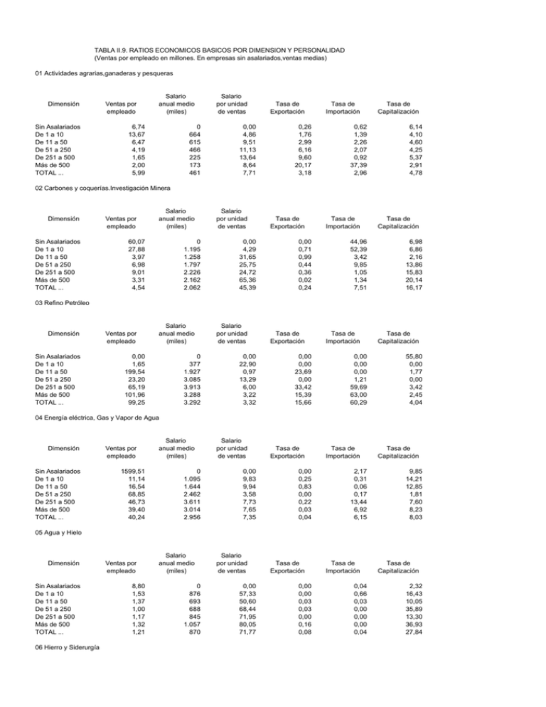 TABLA II.9. RATIOS ECONOMICOS BASICOS POR DIMENSION Y