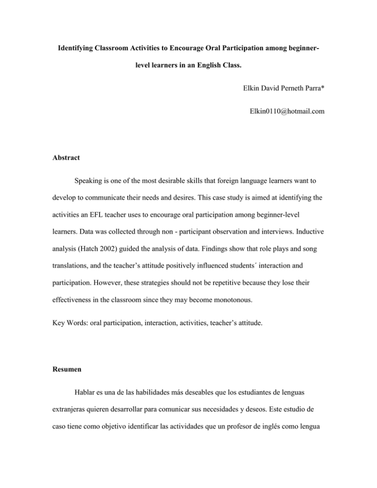 Identifying Classroom Activities to Encourage Oral Participation