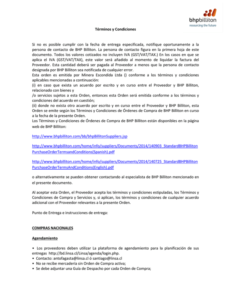 Términos y Condiciones Si no es posible cumplir con