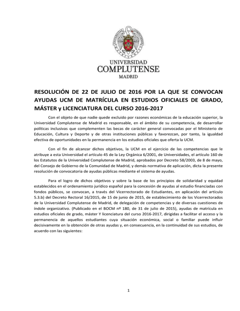 Ayudas UCM de matrícula en estudios oficiales de Grado, Máster, y