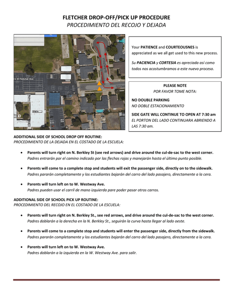 fletcher drop-off/pick up procedure procedimiento del recojo y dejada