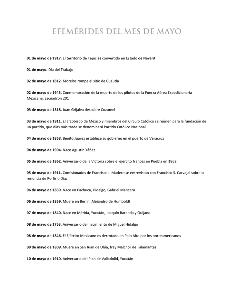 EFEMÉRIDES DEL MES DE MAYO