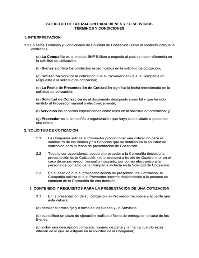 SOLICITUD DE COTIZACION PARA BIENES Y / O