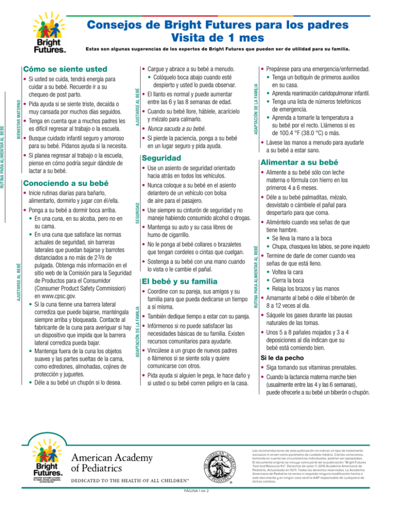 Consejos de Bright Futures para los padres Visita de 1 mes