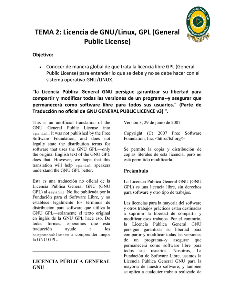 TEMA 2: Licencia de GNU/Linux, GPL (General Public License)