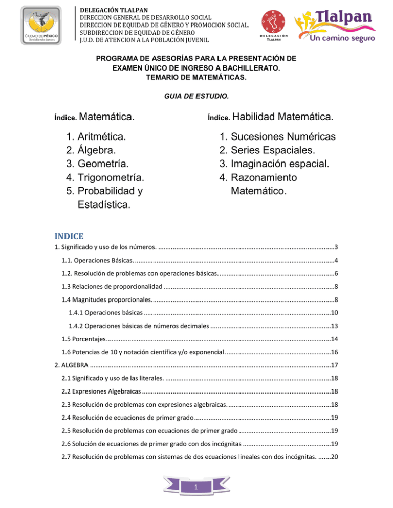 Índice. Matemática. 1. Aritmética. 2. Álgebra. 3. Geometría. 4