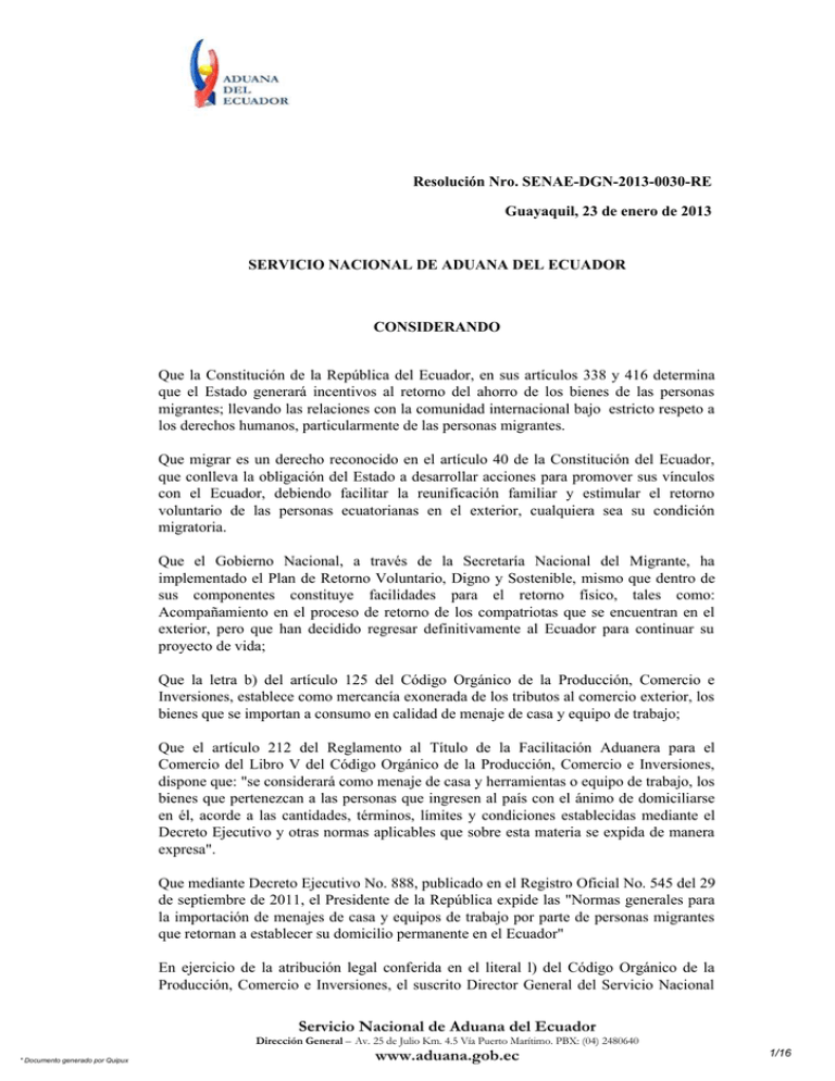 Servicio Nacional de Aduana del Ecuador www.aduana.gob.ec