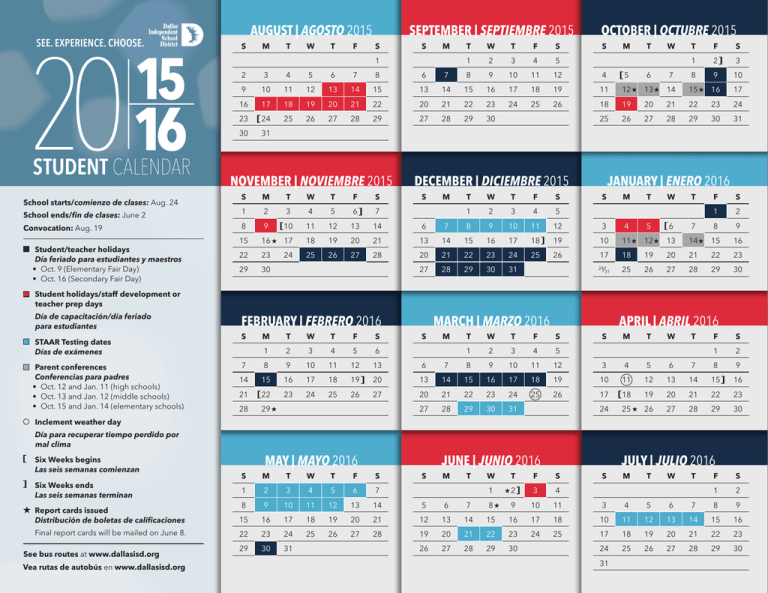 2015 - 2016 Student Calendar