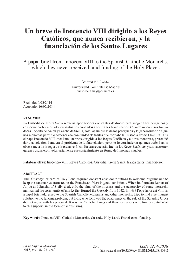 Un breve de Inocencio VIII dirigido a los Reyes Católicos, que