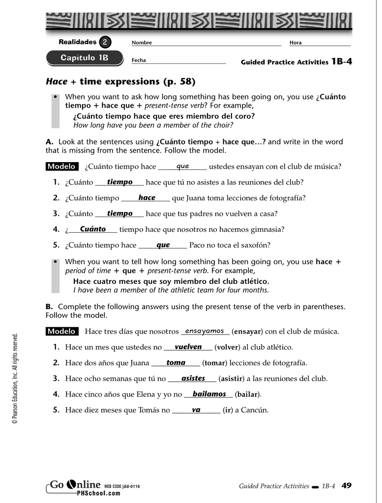 Hace Time Expressions p 58 Ensayamos Que