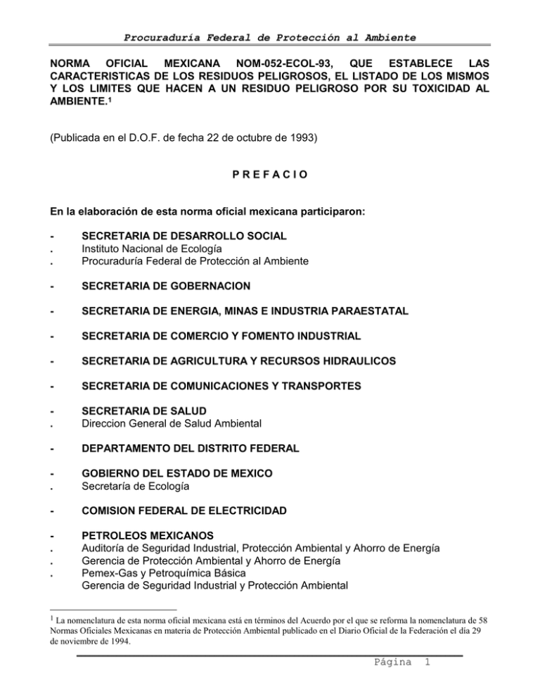 NOM-052-ECOL - Secretaria de Proteccion al Ambiente