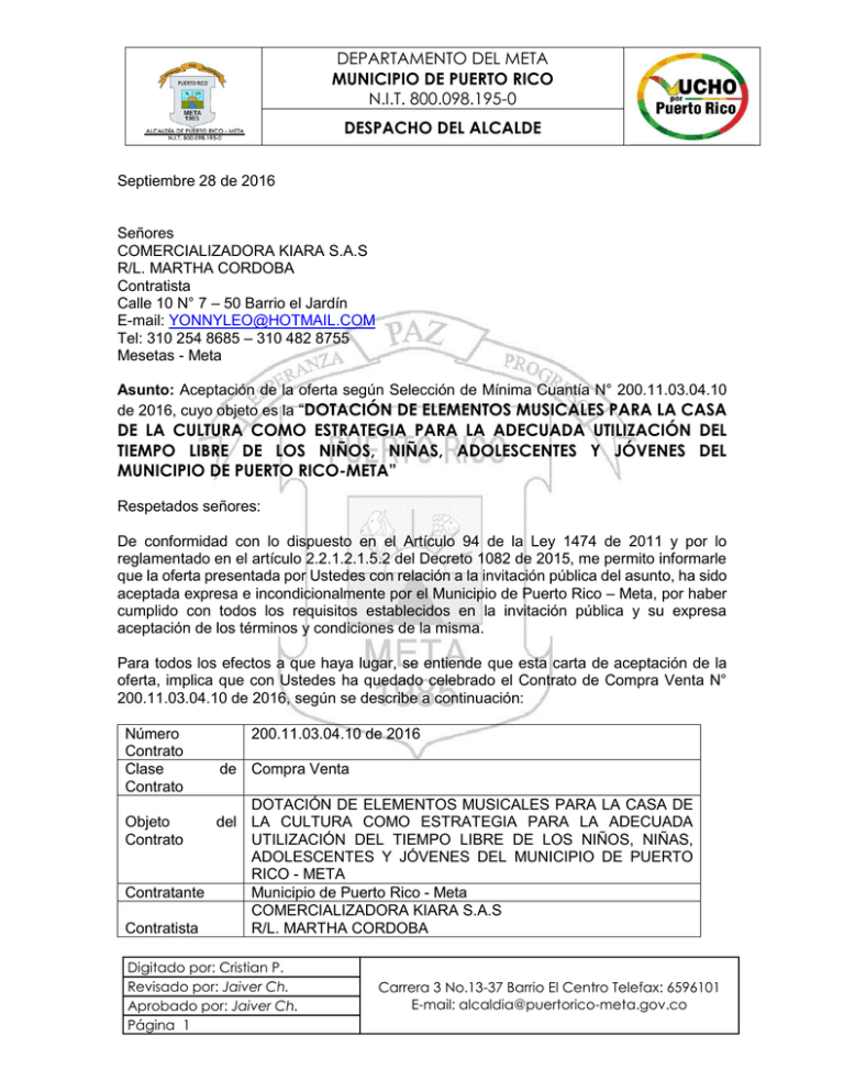 DEPARTAMENTO DEL META MUNICIPIO DE PUERTO RICO N.I.T.