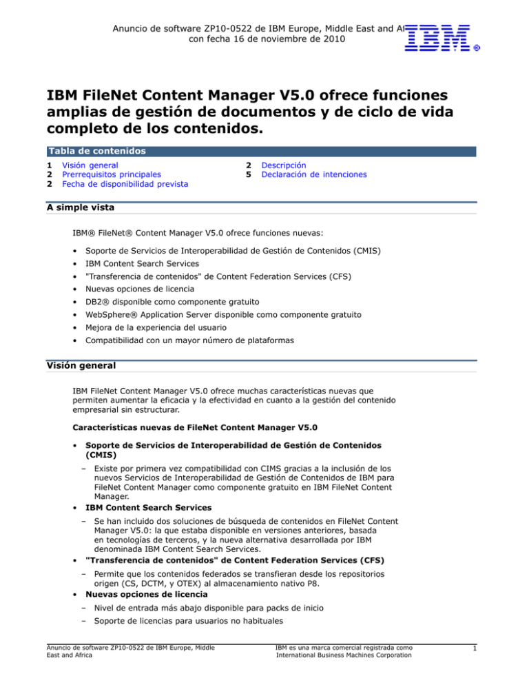 IBM FileNet Content Manager V5.0 ofrece funciones amplias de