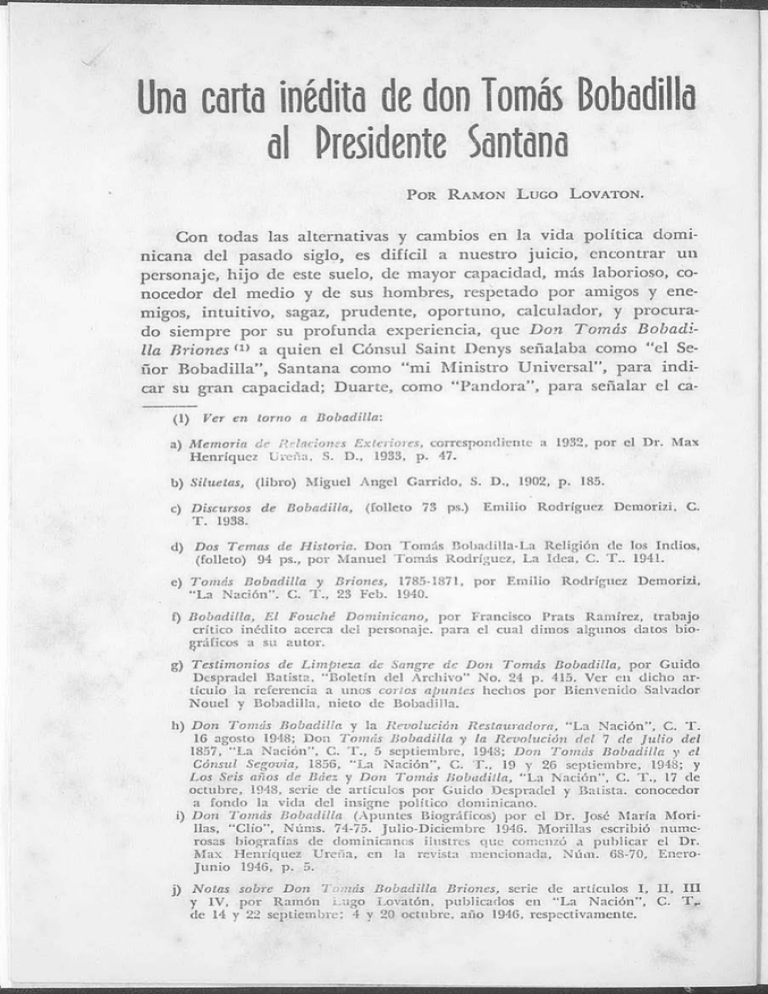 Una carta inédita de don Tomás Bobadilla al Presidente