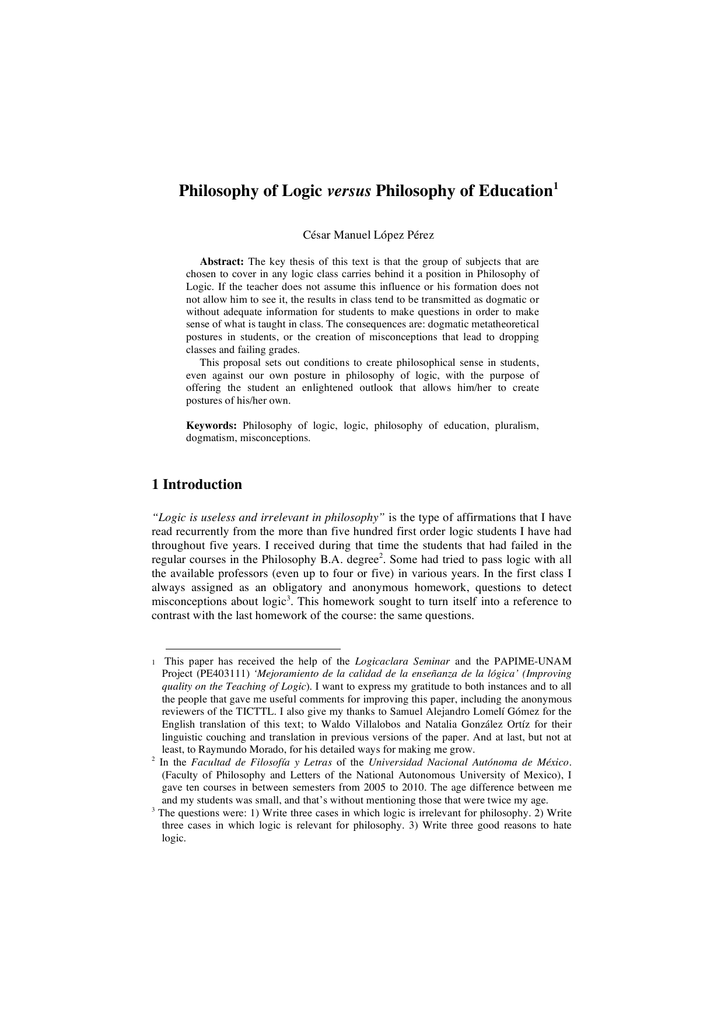 Philosophy Of Logic Versus Philosophy Of Education1