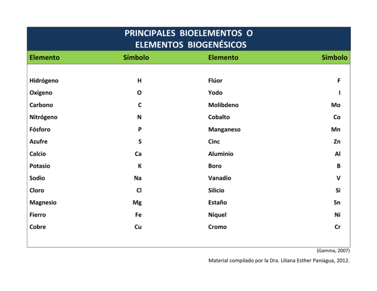 PRINCIPALES BIOELEMENTOS O ELEMENTOS BIOGENÉSICOS