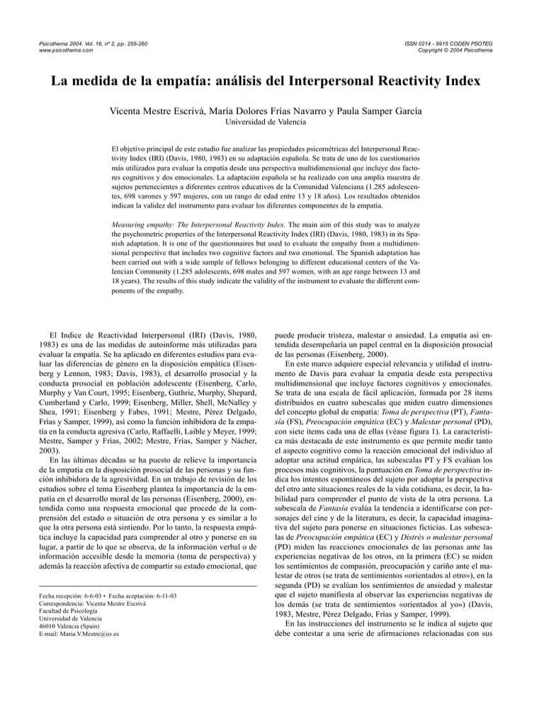 La medida de la empatía: análisis del Interpersonal Reactivity Index