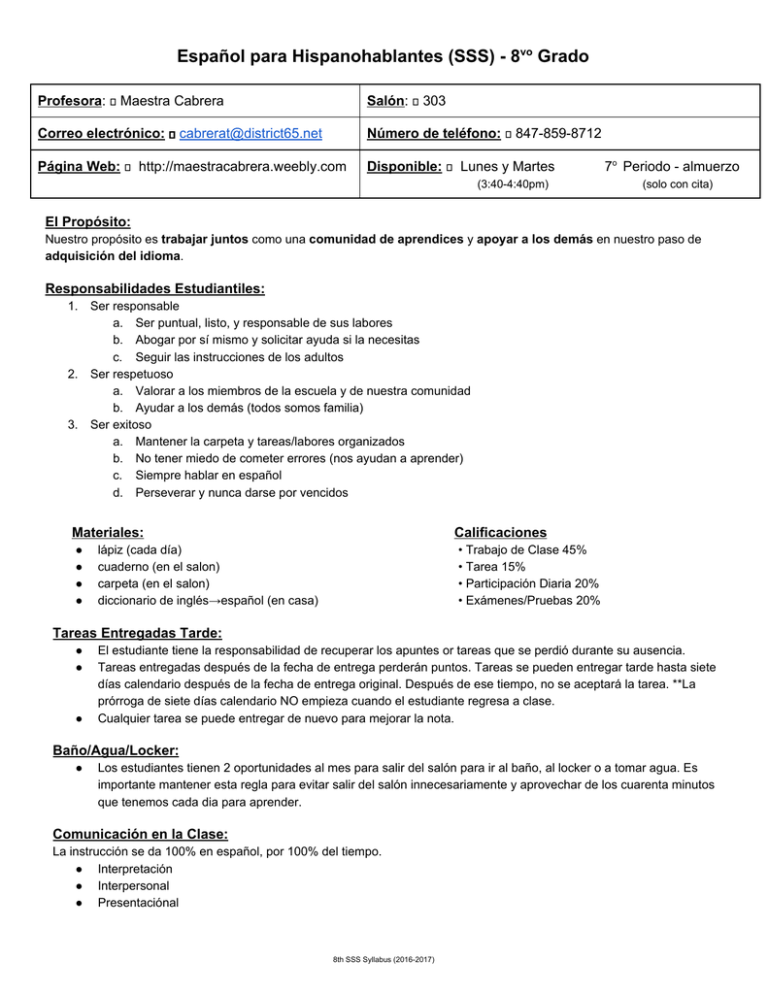 Español para Hispanohablantes (SSS) 8 vo Grado