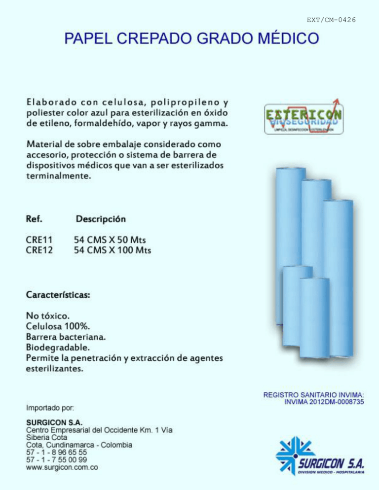 EXT/CM-0426 PAPEL CREPADO GRADO MÉDICO Elaborado con