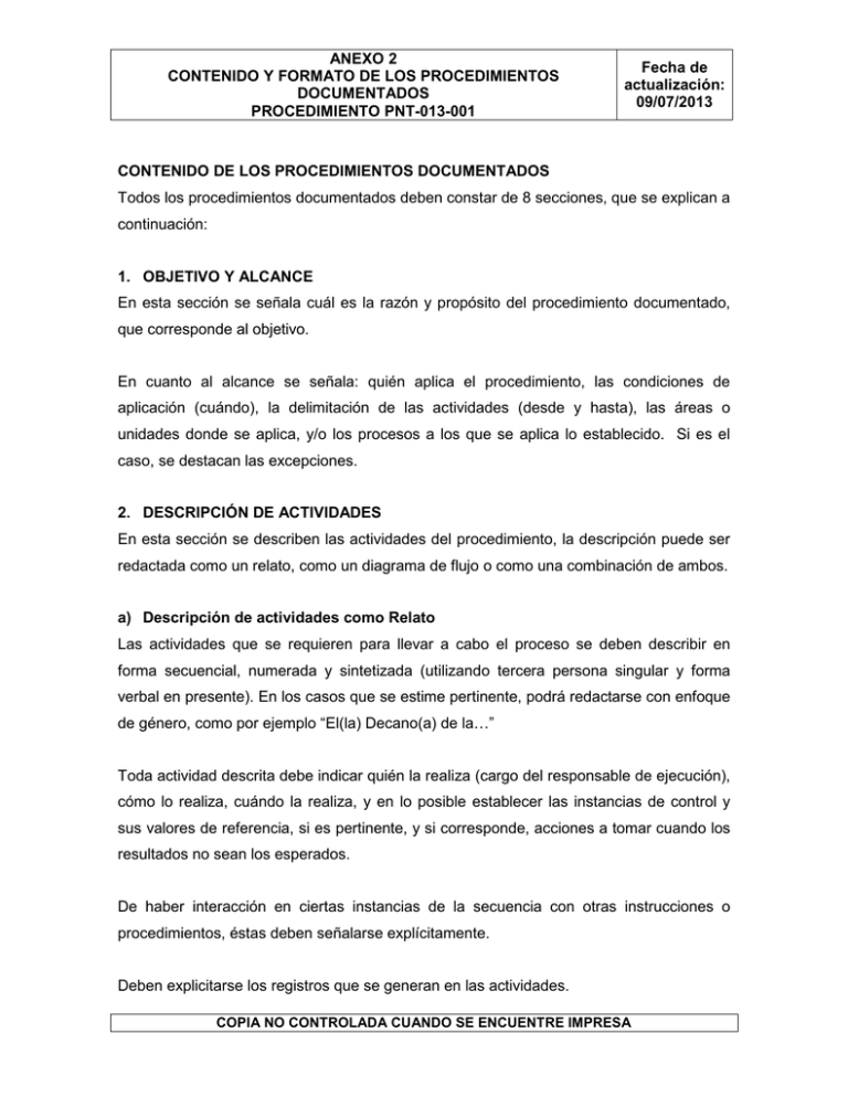 ANEXO 2 CONTENIDO Y FORMATO DE LOS PROCEDIMIENTOS ANEXO 2 CONTENIDO Y FORMATO DE LOS PROCEDIMIENTOS