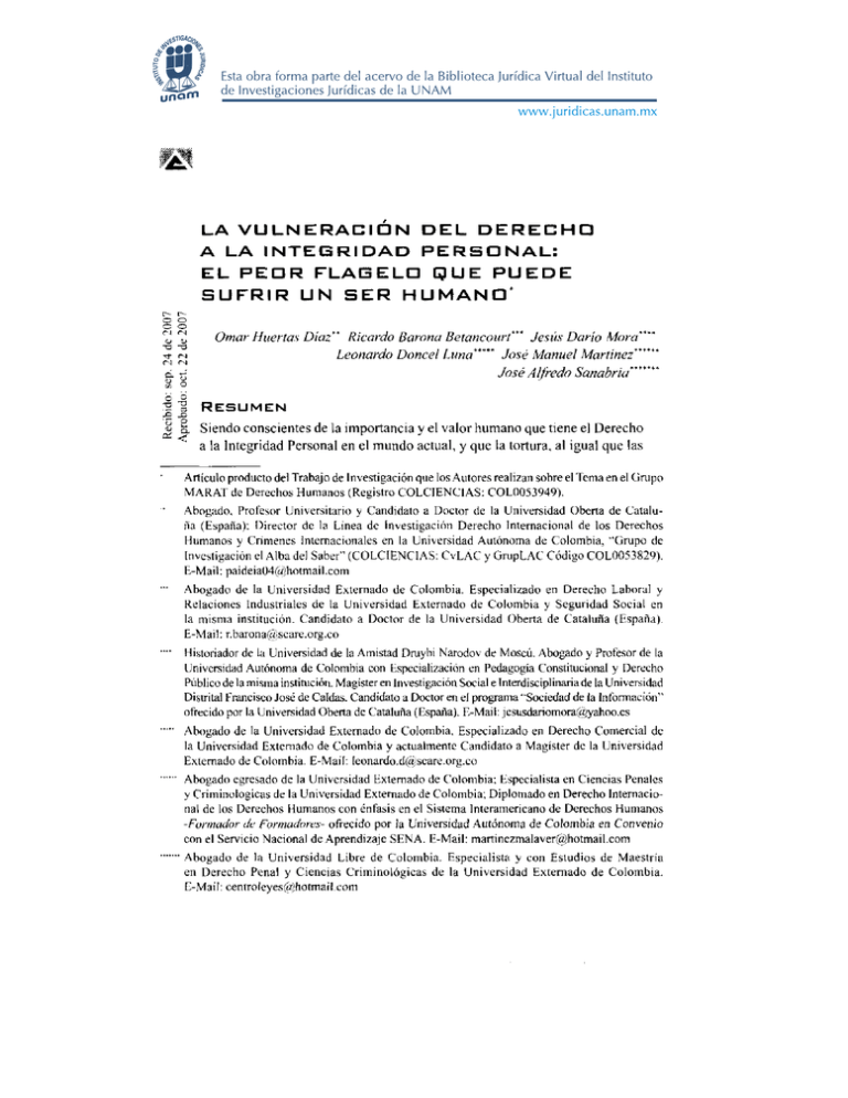 LA VULNERACI~N DEL DERECHO A LA INTEGRIDAD PERSONAL