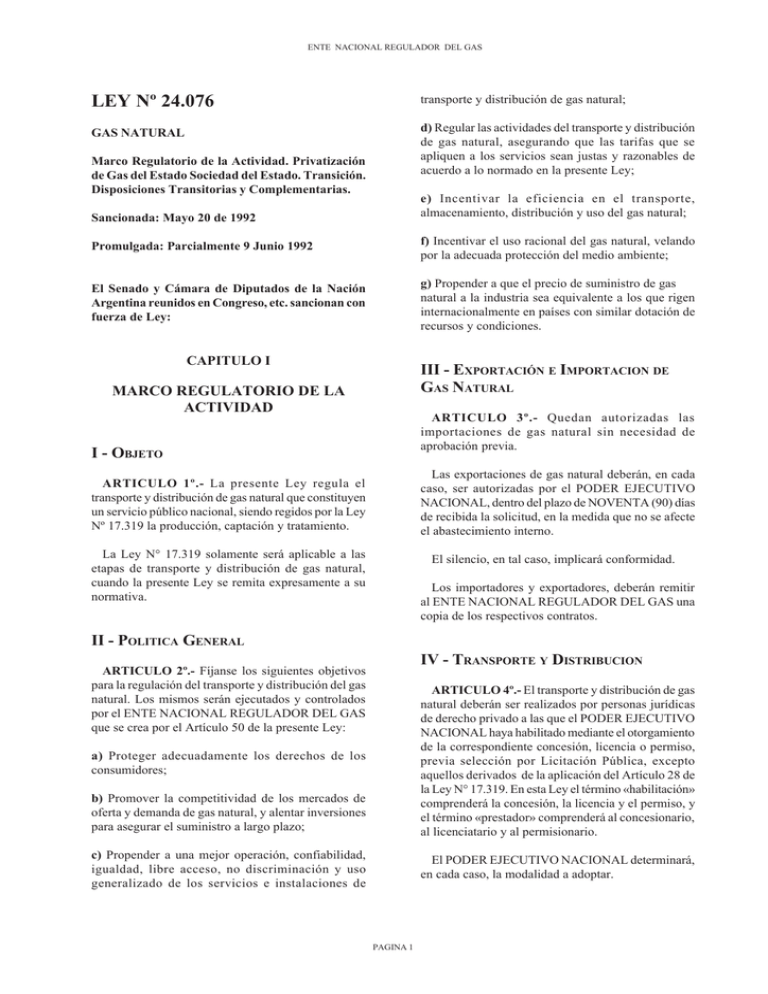 Ley 24.076 - Ente Nacional Regulador del Gas