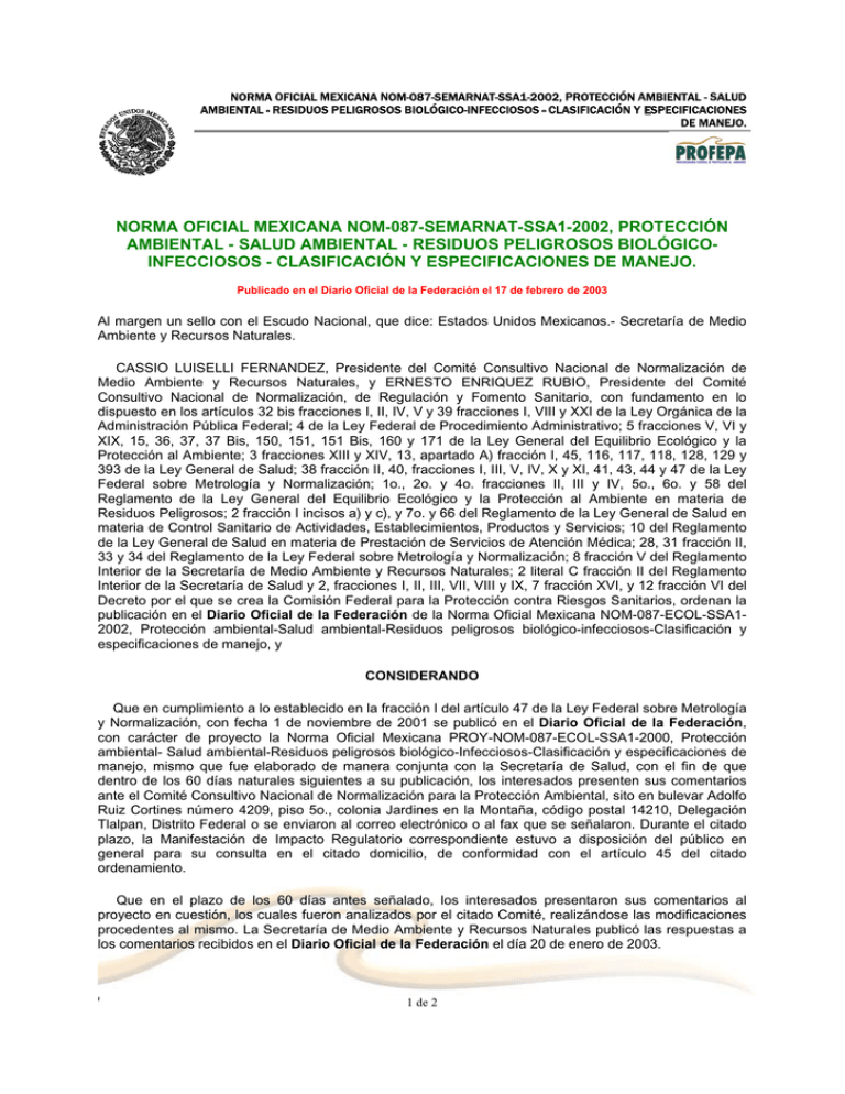 NORMA OFICIAL MEXICANA NOM-087-SEMARNAT-SSA1