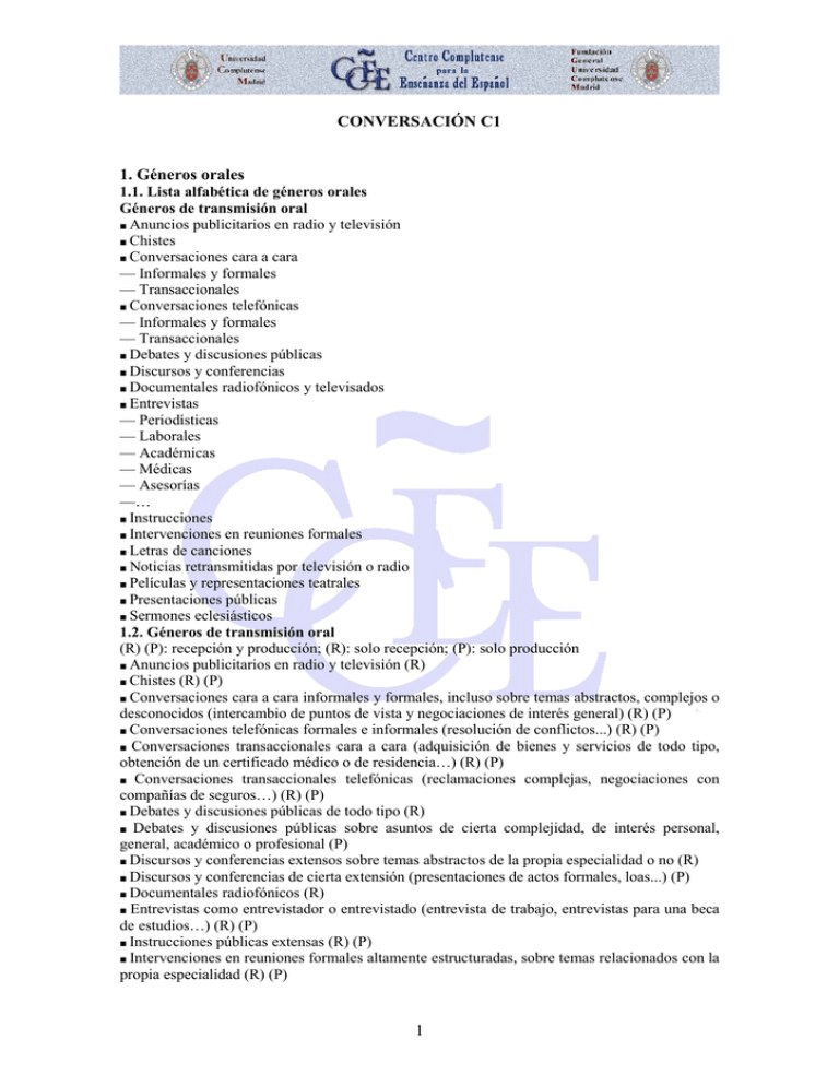 1 CONVERSACIÓN C1 1. Géneros orales