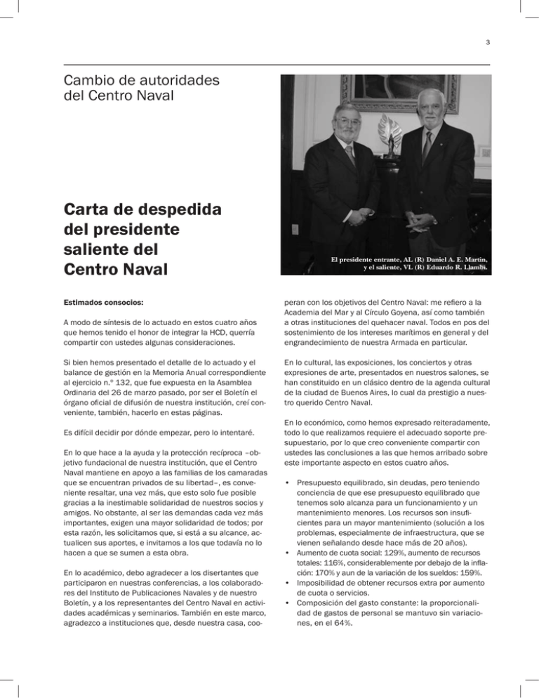 Carta de despedida del presidente saliente del Centro Naval