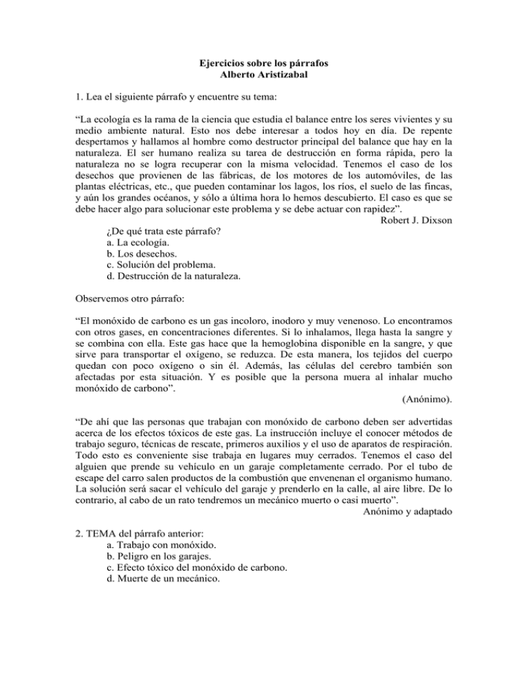 Ejercicios sobre los párrafos Alberto Aristizabal 1. Lea el siguiente
