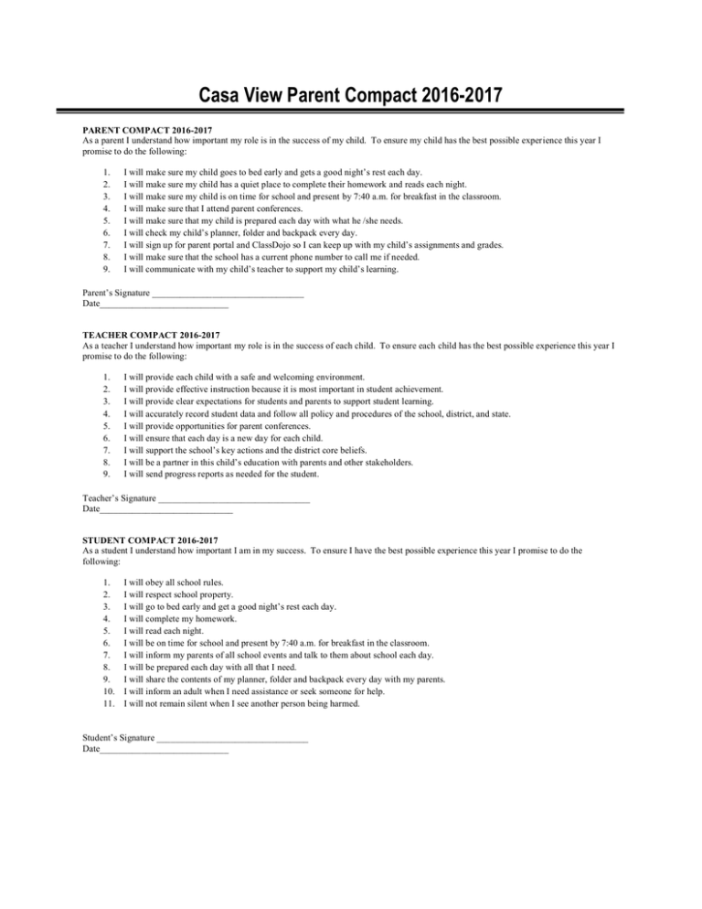 Casa View Parent Compact 2016-2017