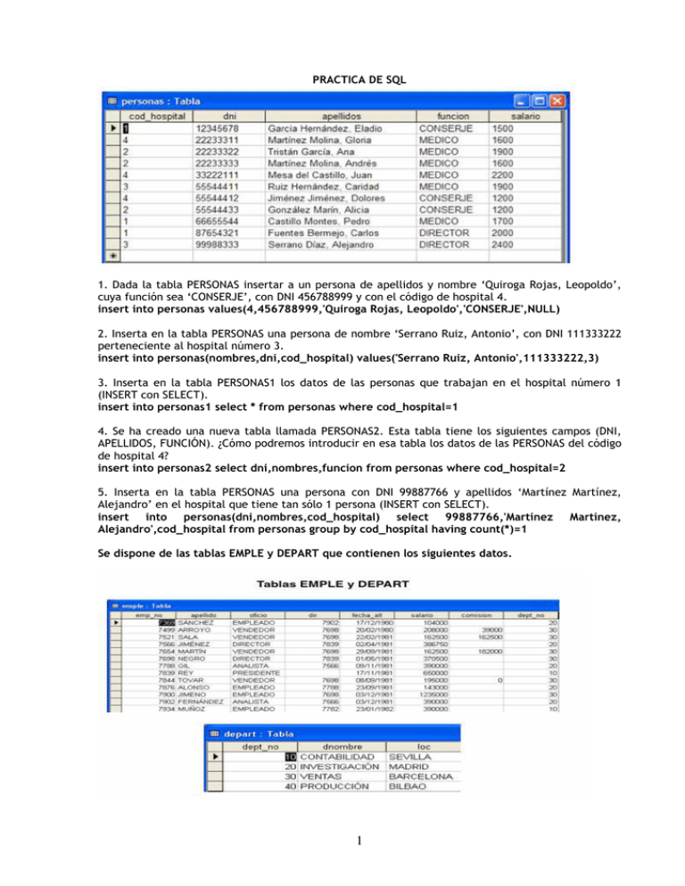 PRACTICA DE SQL 1. Dada la tabla PERSONAS insertar a un