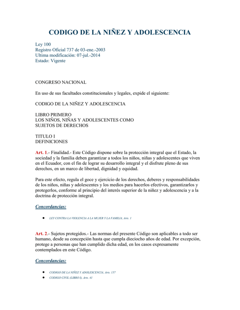 codigo de la niñez y adolescencia