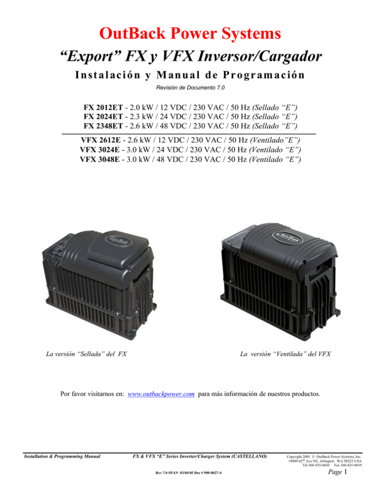 OutBack Power Systems “Export” FX y VFX Inversor/Cargador