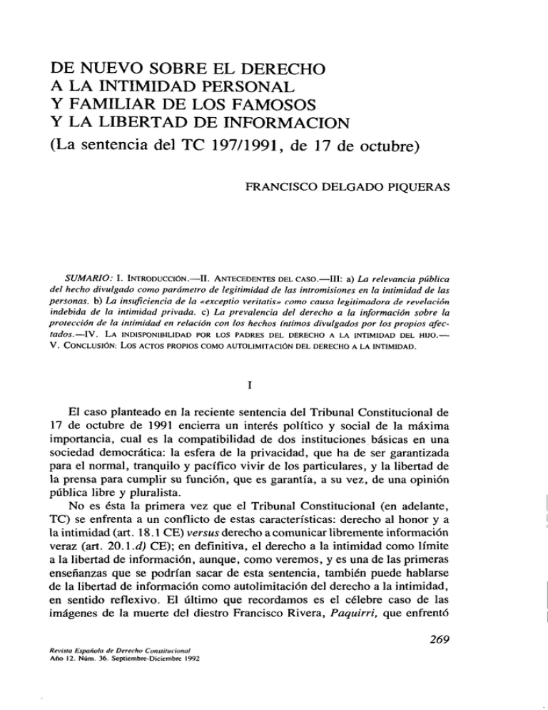 De nuevo sobre el derecho a la intimidad personal y familiar de los