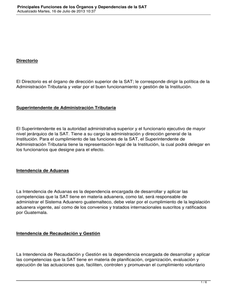 Principales Funciones de los Órganos y Dependencias de la SAT