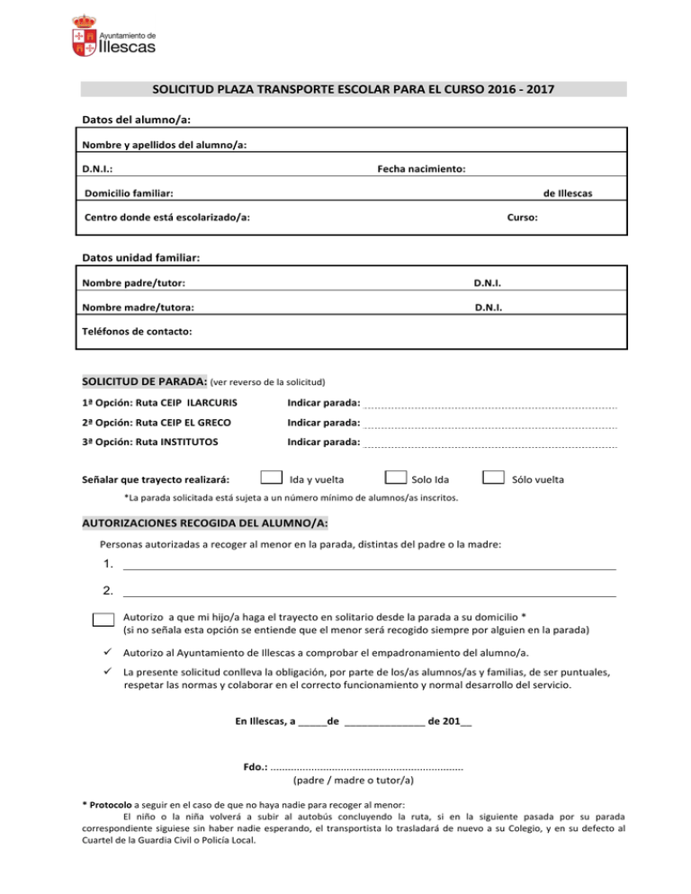 SOLICITUD PLAZA TRANSPORTE ESCOLAR PARA EL CURSO