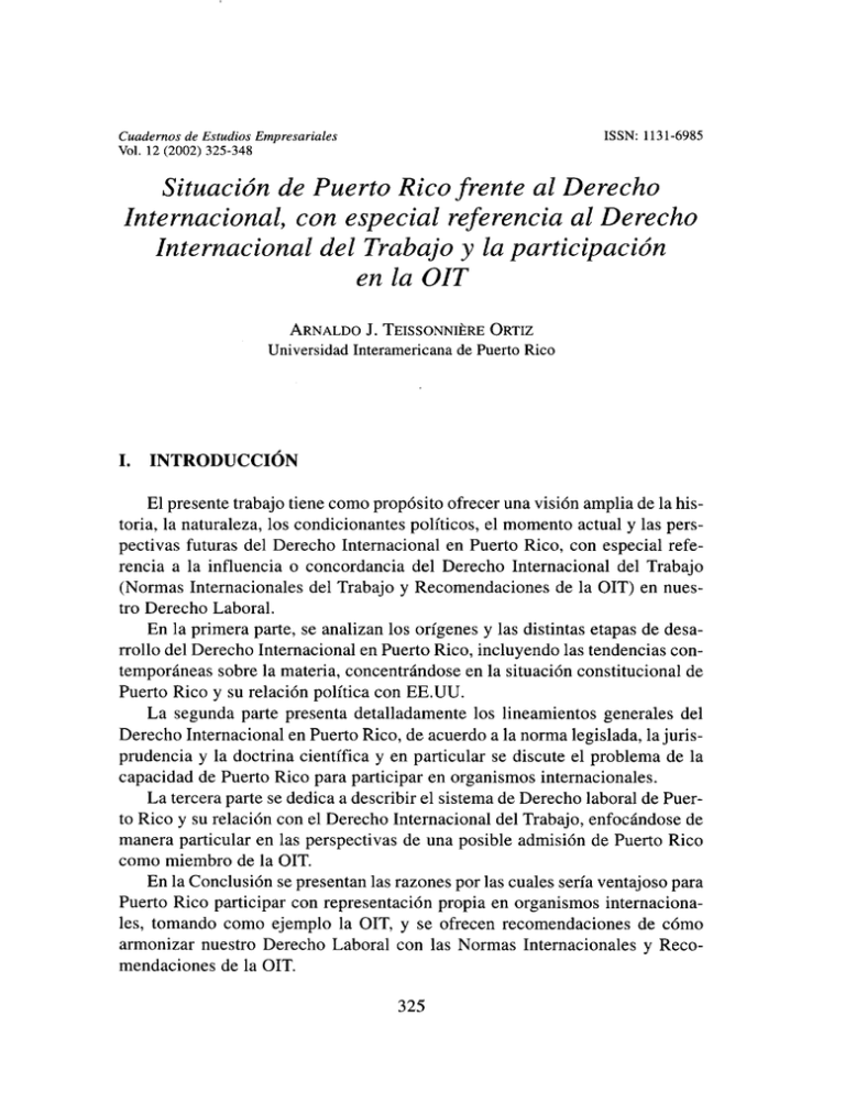 Situación de Puerto Rico frente al Derecho Internacional, con