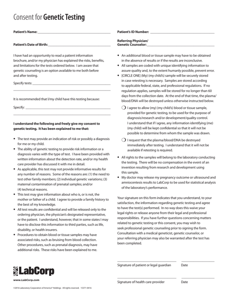 Consent for Genetic Testing