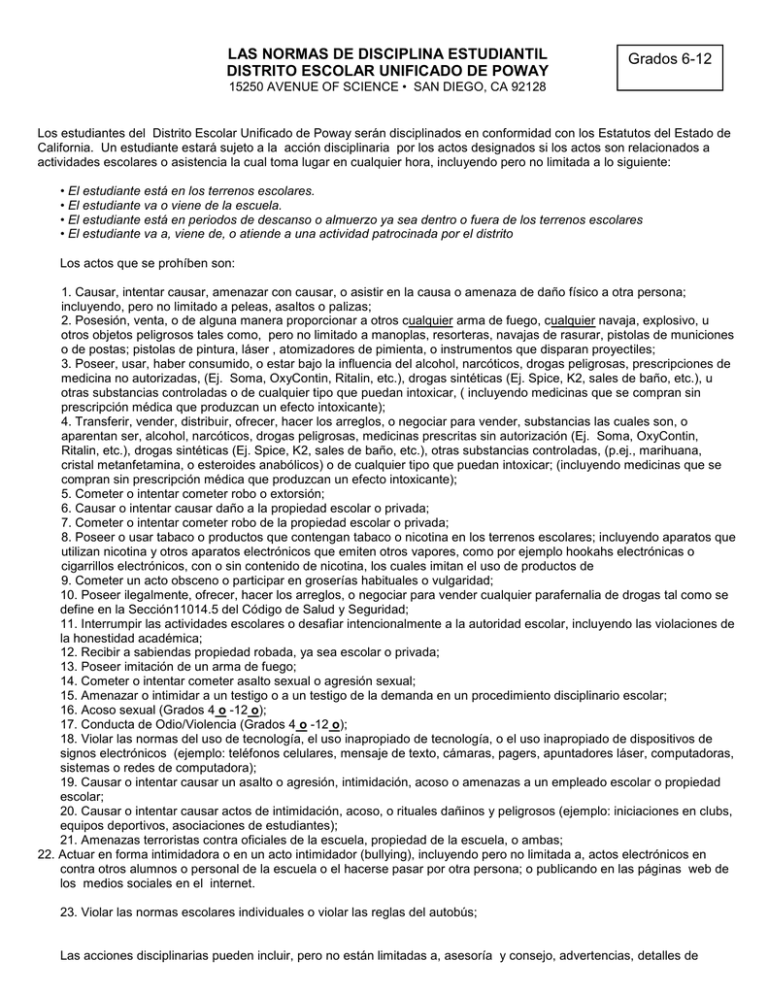 LAS NORMAS DE DISCIPLINA ESTUDIANTIL DISTRITO ESCOLAR