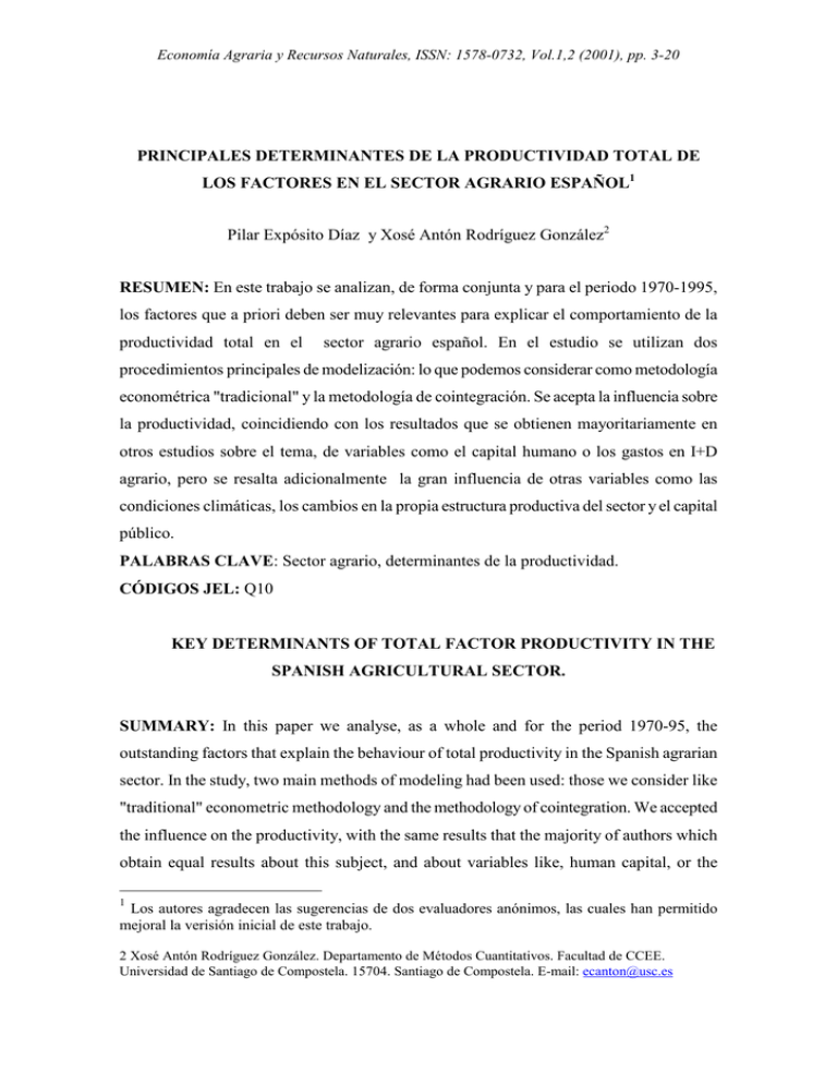 PRINCIPALES DETERMINANTES DE LA PRODUCTIVIDAD TOTAL