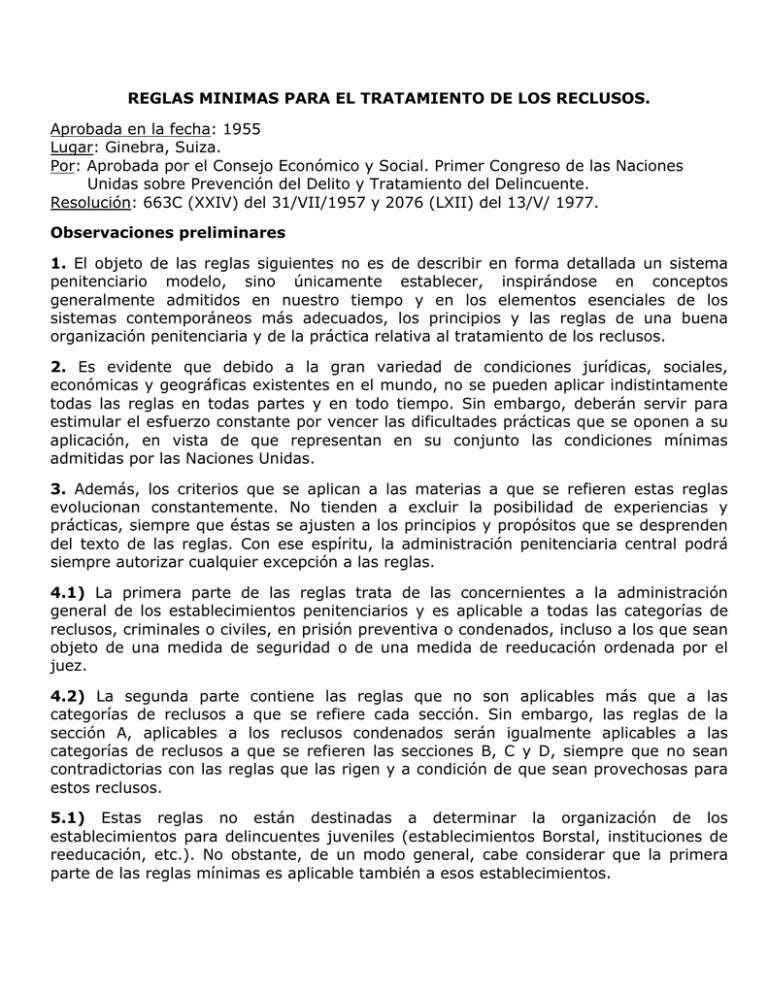 REGLAS MINIMAS PARA EL TRATAMIENTO DE LOS RECLUSOS